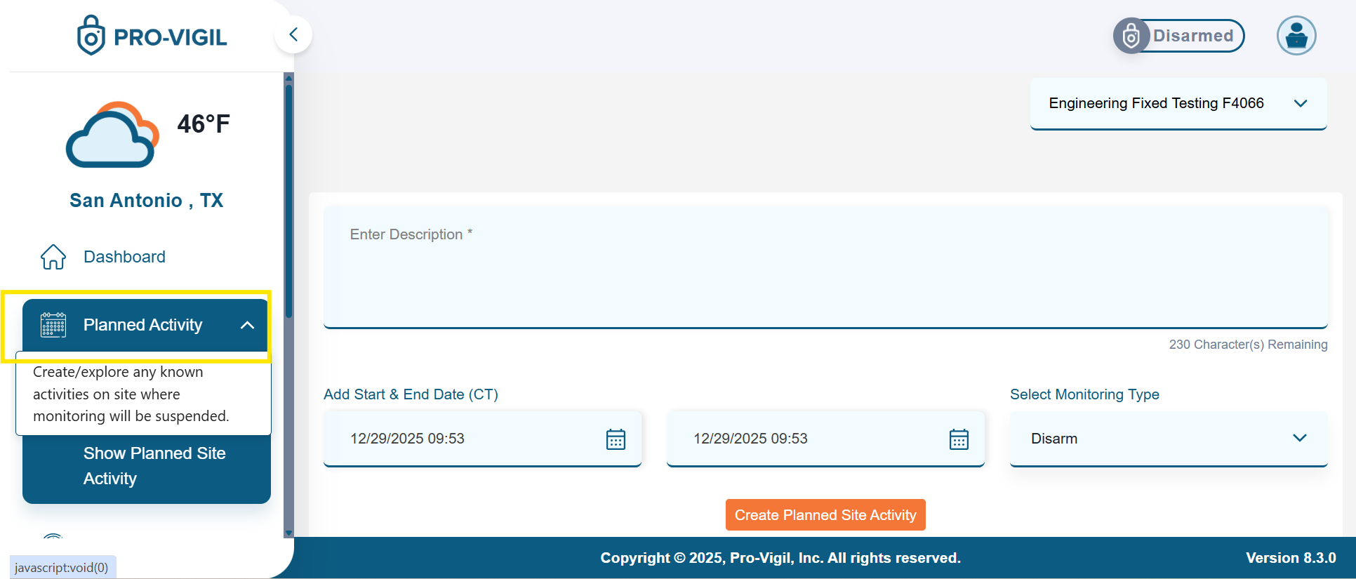 Creating Planned Site Activity in Pro-Vigil Portal – Pro-Vigil