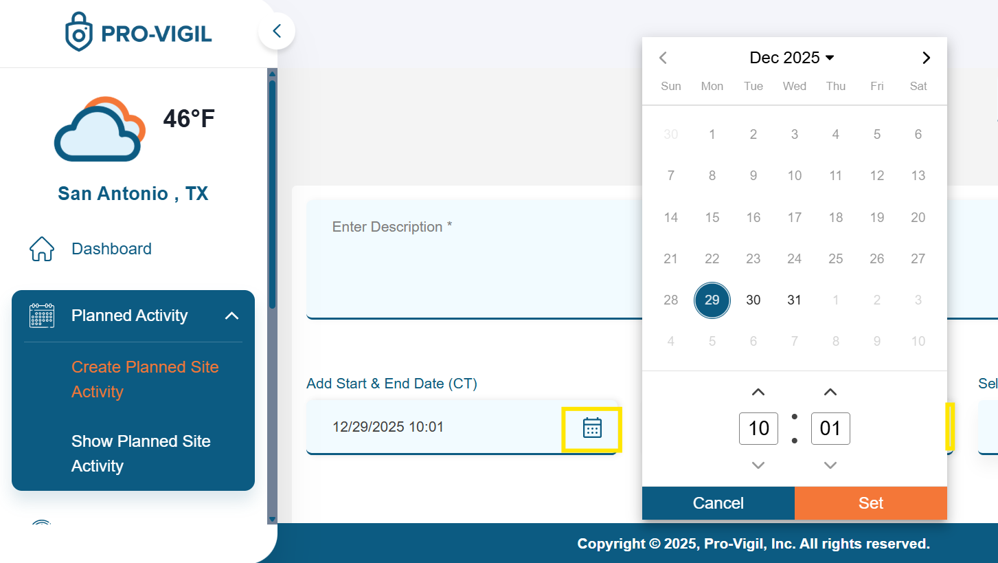 Creating Planned Site Activity in Pro-Vigil Portal – Pro-Vigil